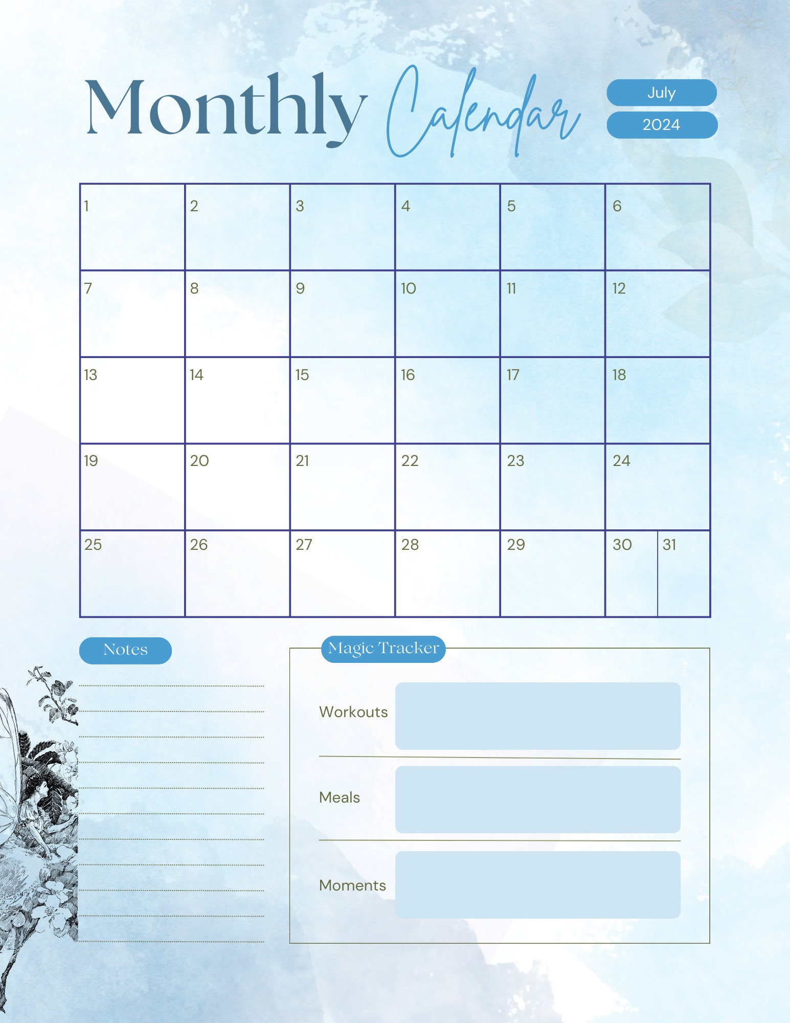 Digital Monthly Fae-themed Calendar Planner - Etsy