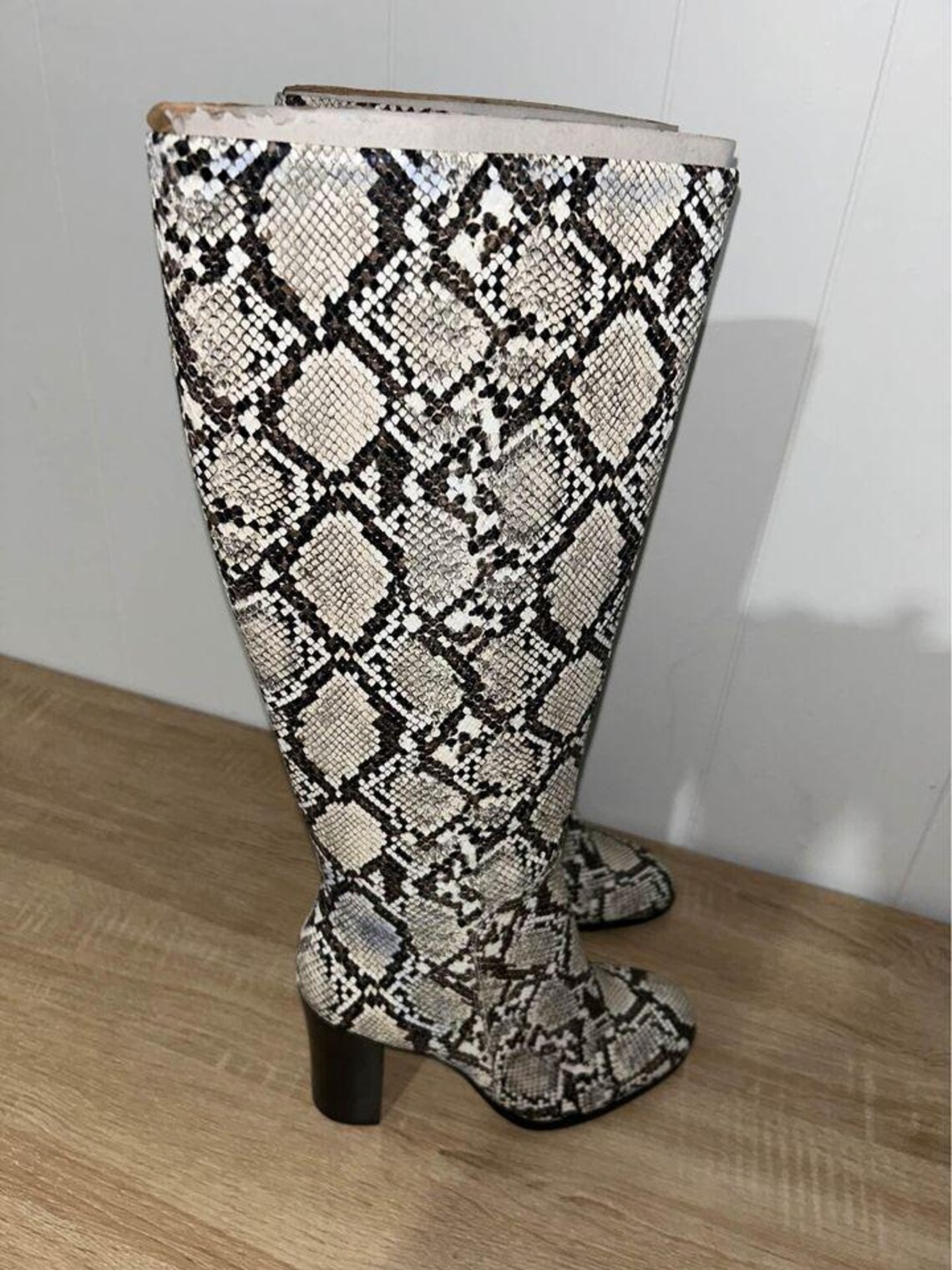 Snake Skin Print Block Heel Knee High Boots - Etsy
