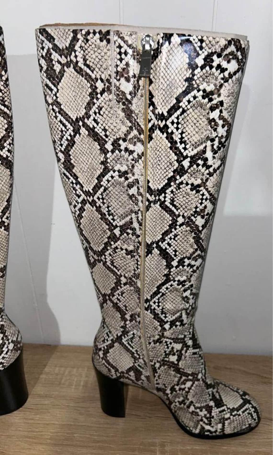 Snake Skin Print Block Heel Knee High Boots - Etsy