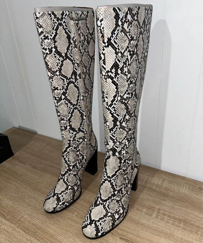 Knee High Boots Snake Skin Print Block Heel - Etsy Canada