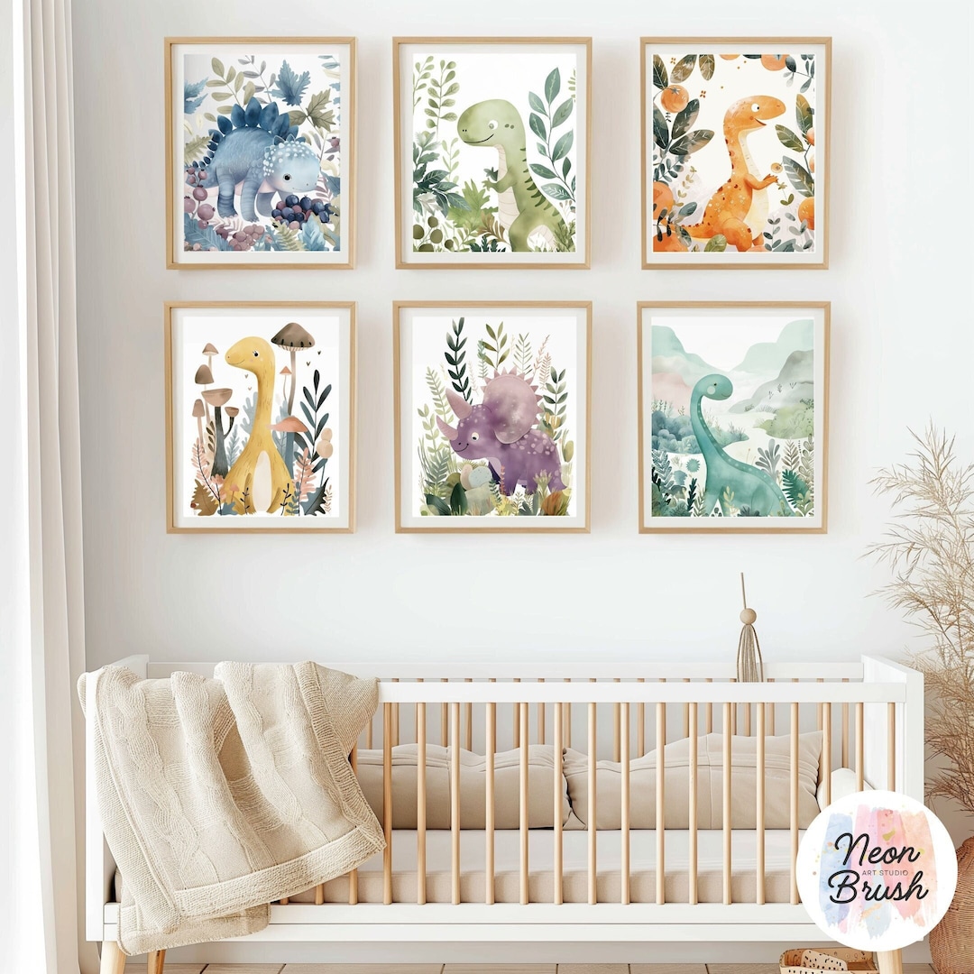 Dinosaur Nursery Wall Art, Set of 6, Cute Dinosaur Prints, Baby Bedroom ...