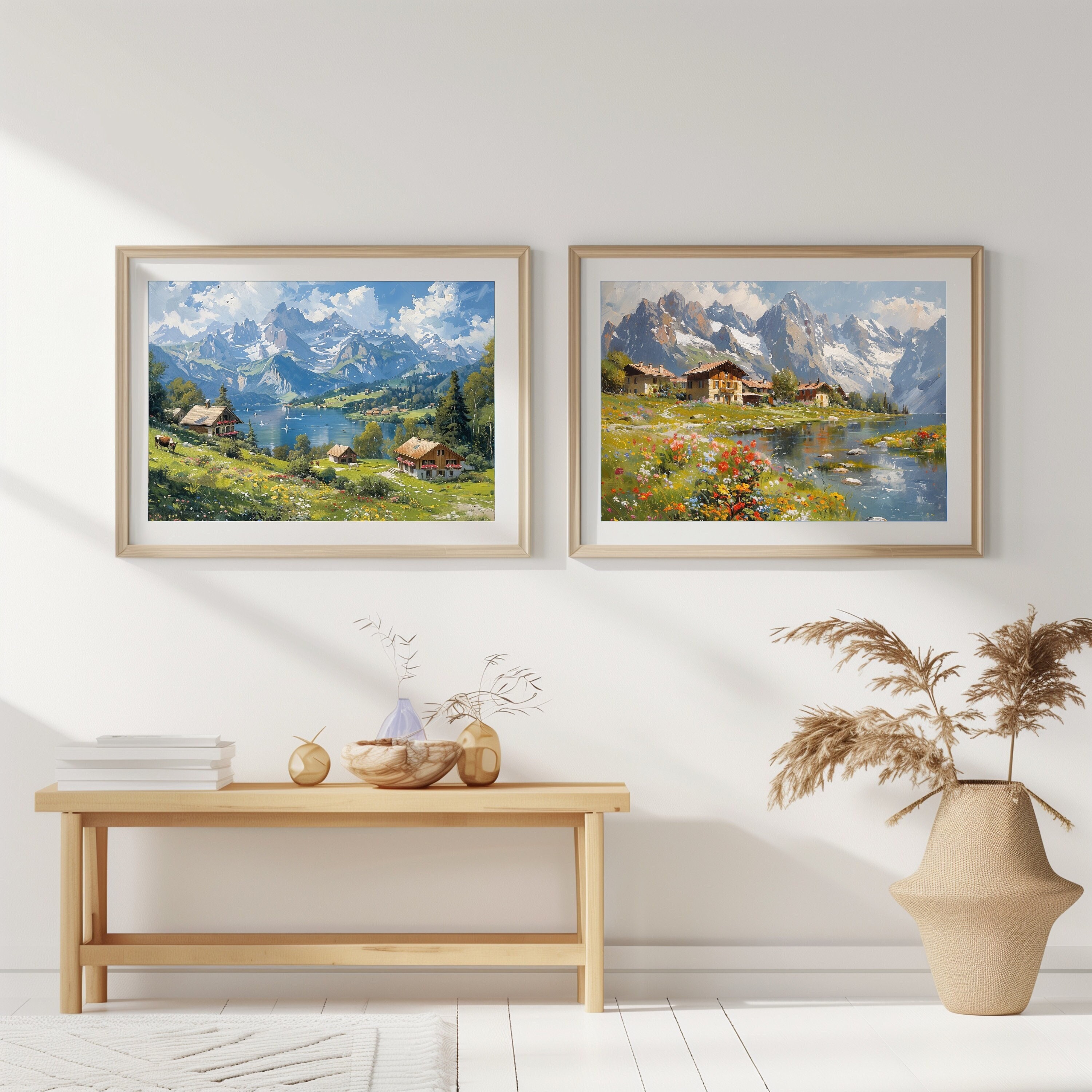 Swiss Alps Oil Painting, Set of 2, Alps Landscape Painting, Swiss Alps Art Print, Alpine ...