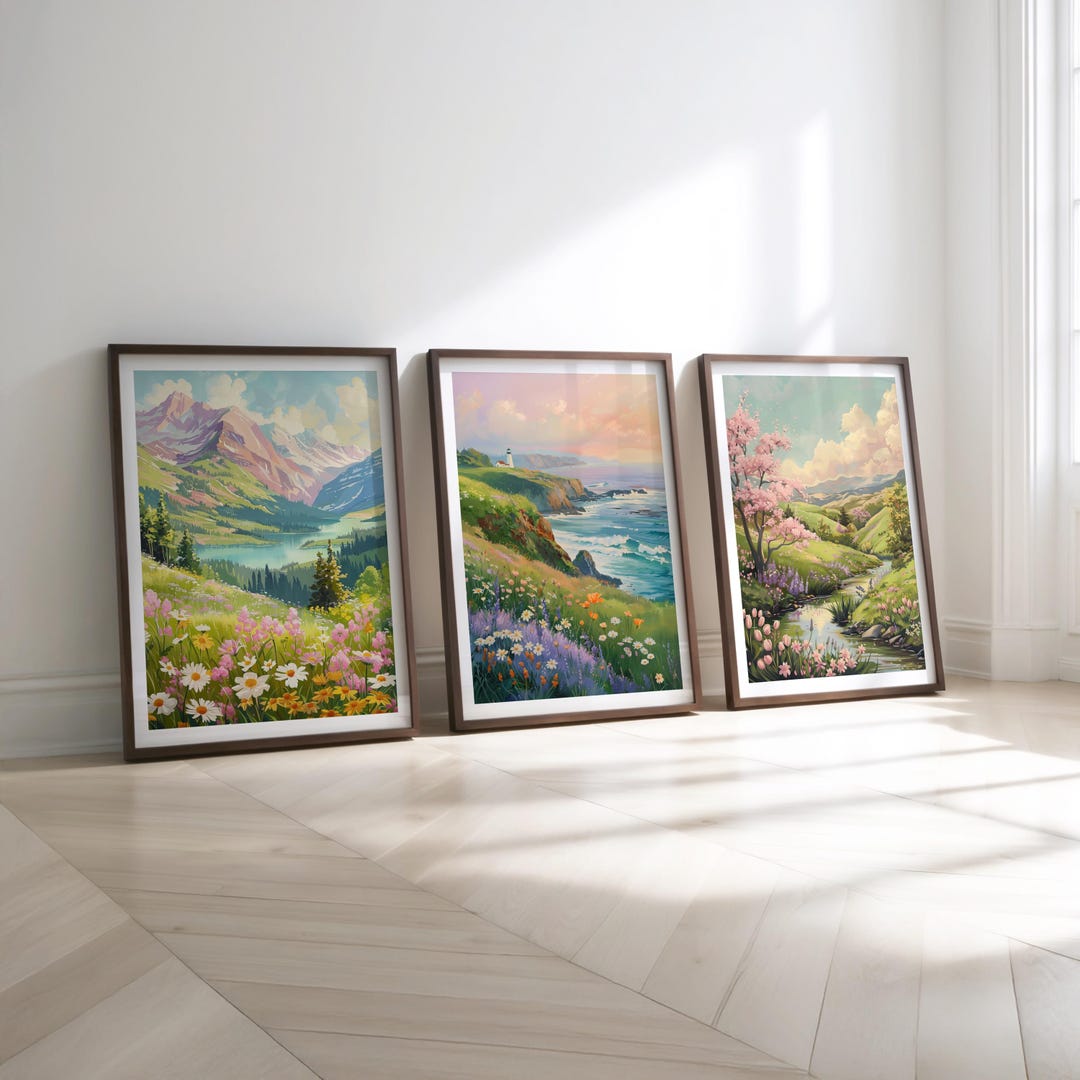 Spring Flower Landscape Wall Art, Set of 3, Wildflower Meadow Prints ...