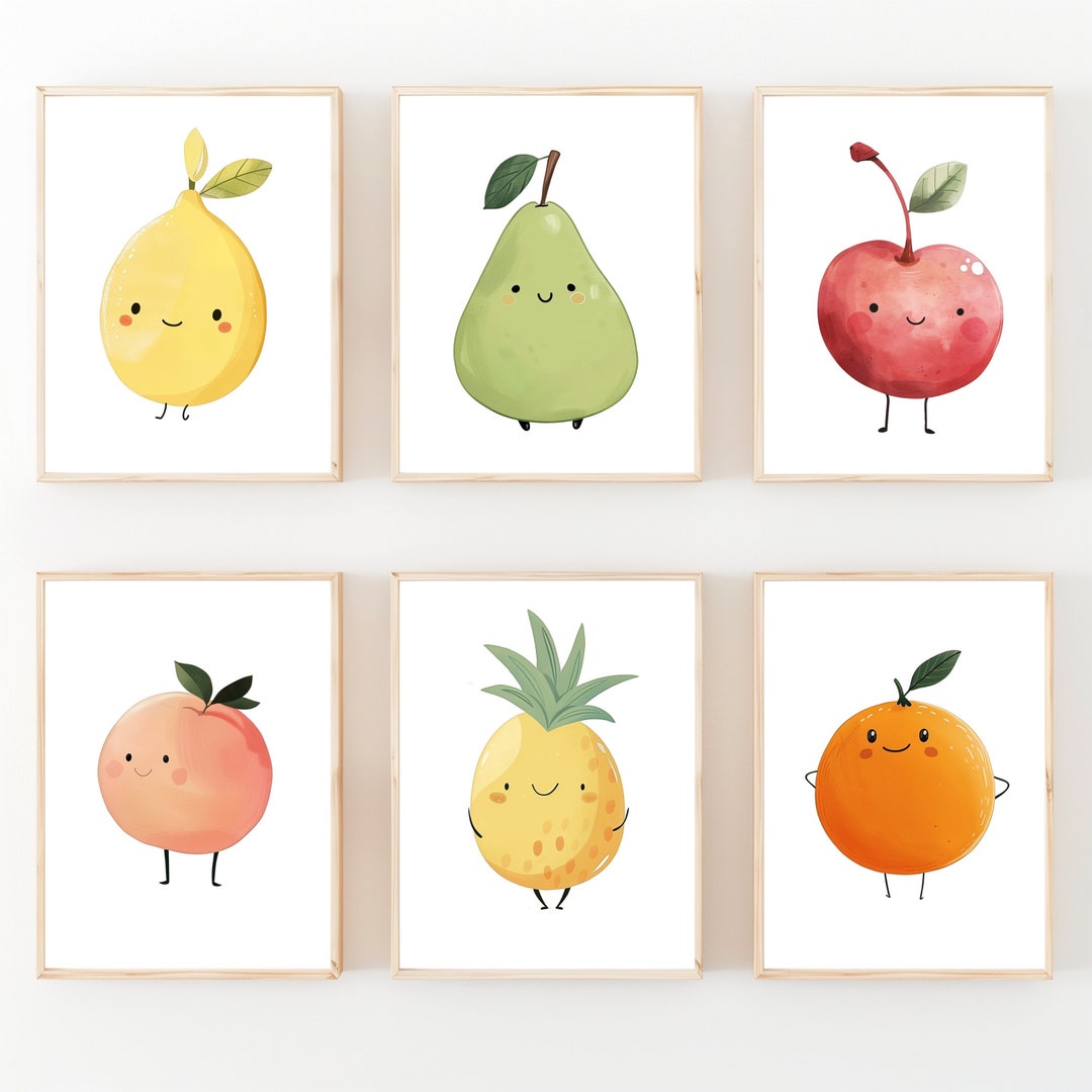 Set of 6 Cute Fruit Nursery Wall Art Prints, Baby Girl Nursery Decor ...