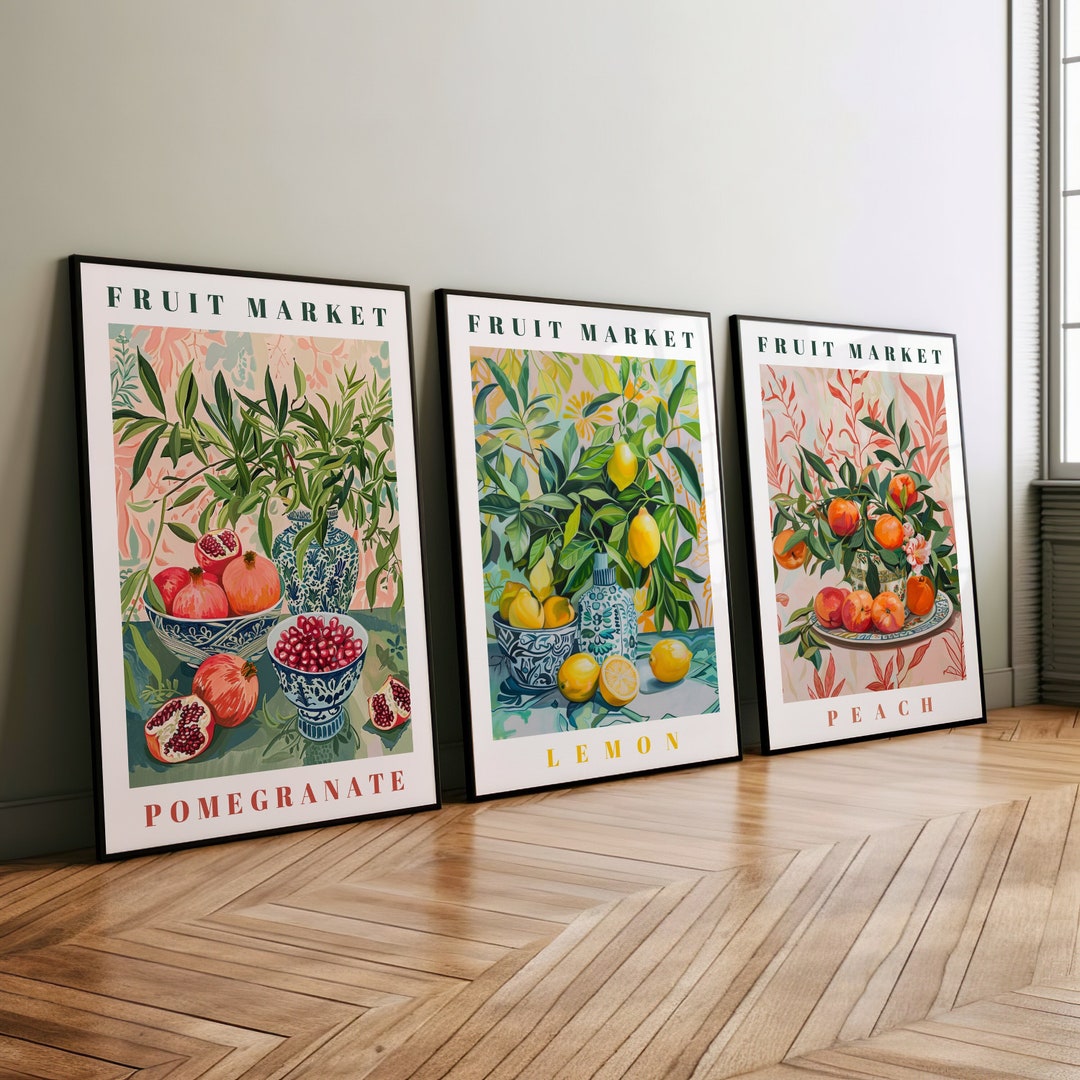 Botanical Fruit Prints Set of 3, Pomegranate, Lemon, and Peach, Fruit ...