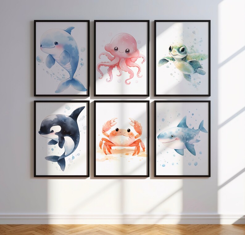 Ocean Animal Nursery Prints, Sea Creatures Wall Art (set of 6) (digital ...