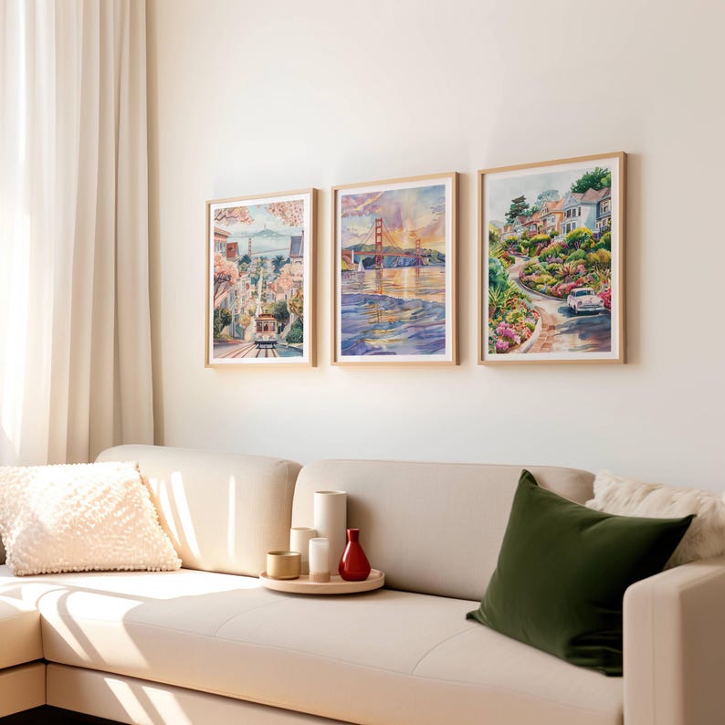 San Francisco Watercolor Paintings, Set of 3, Golden Gate Bridge Poster ...