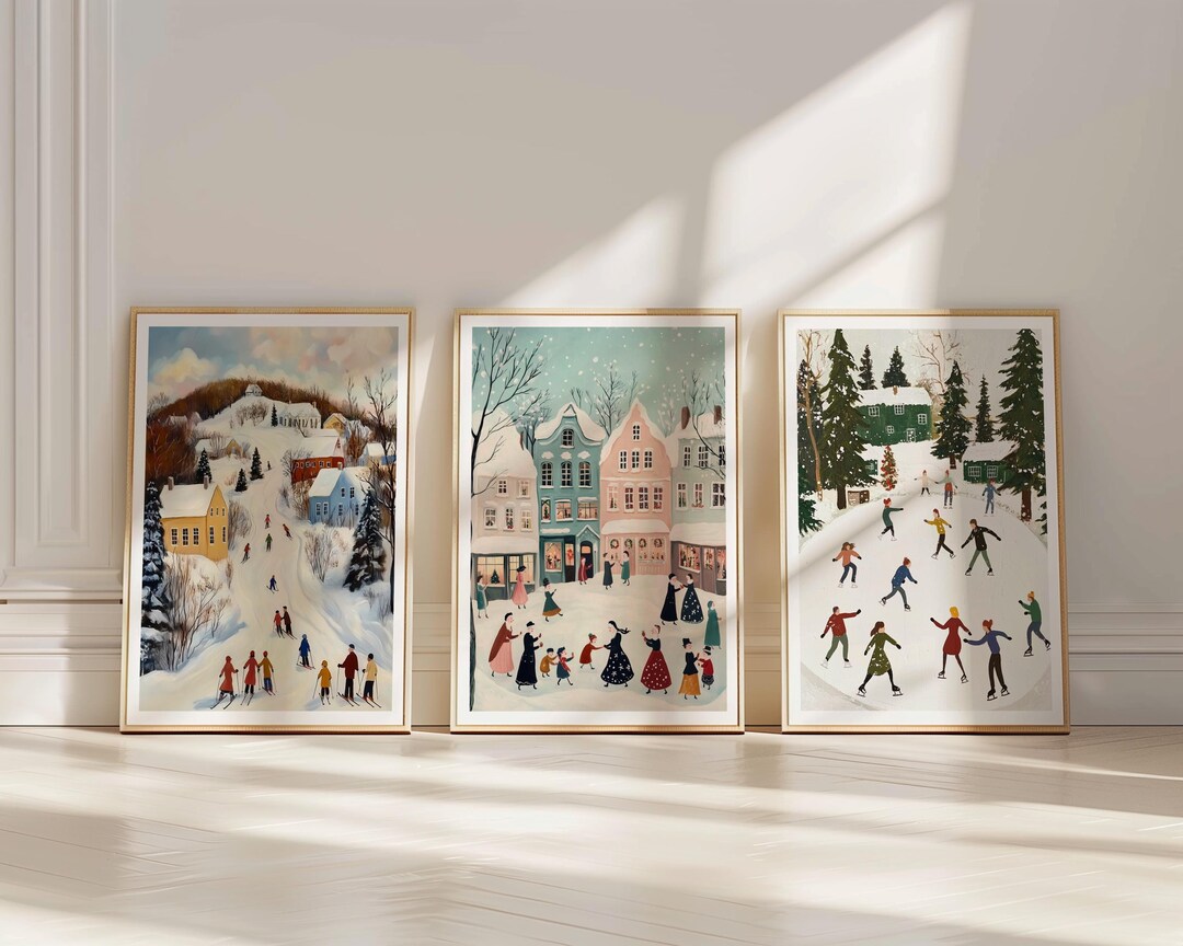 Winter Printable Wall Art, Set of 3, Christmas Village Printable, Cozy ...