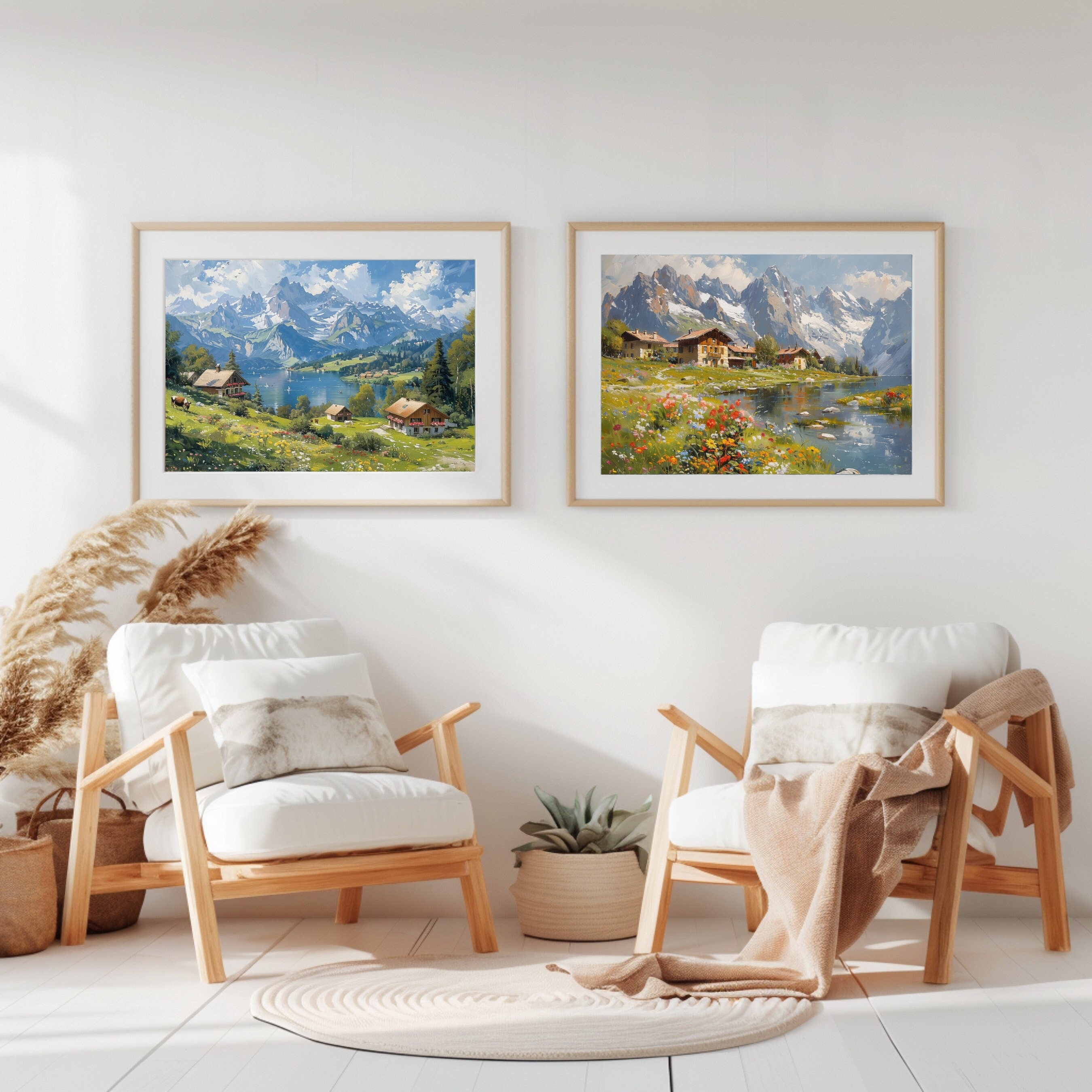 Swiss Alps Oil Painting, Set of 2, Alps Landscape Painting, Swiss Alps ...