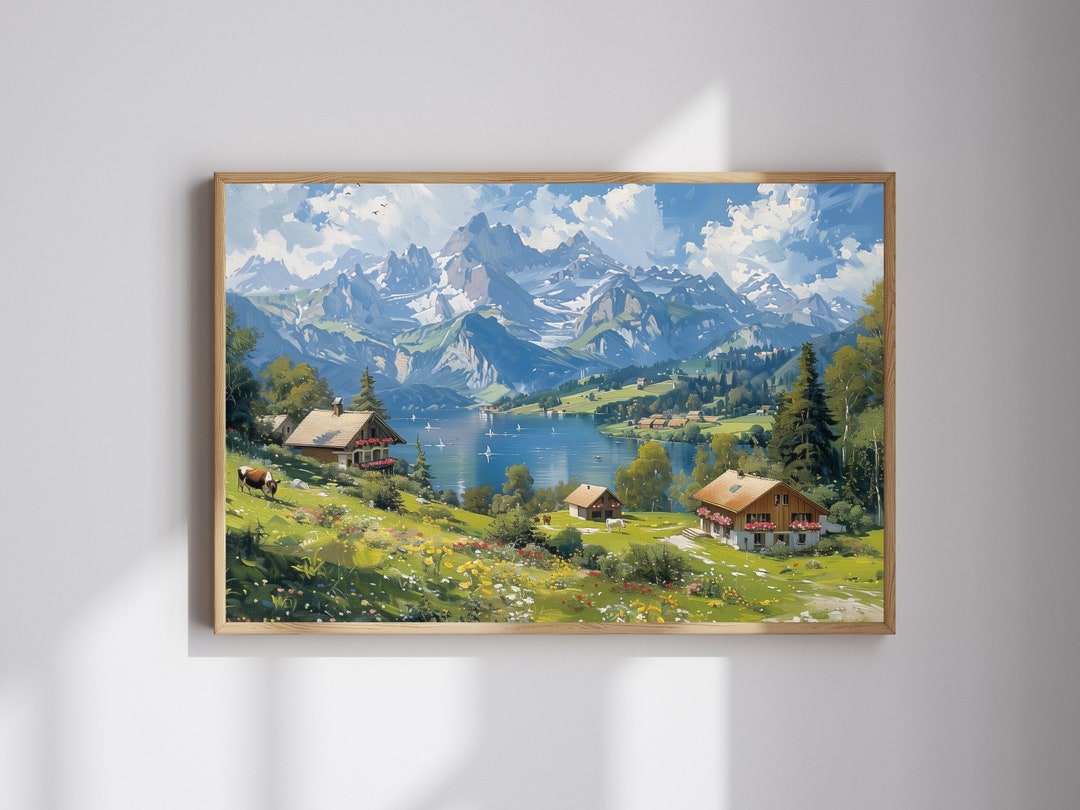 Swiss Alps Oil Painting, Set of 2, Alps Landscape Painting, Swiss Alps ...