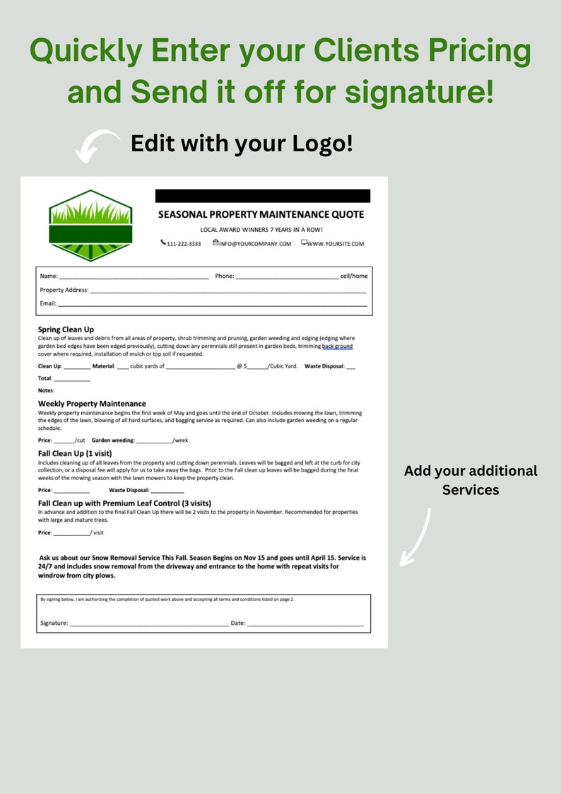 LANDSCAPING QUOTE TEMPLATE, Editable Quote Sheet for Grass Cutting ...