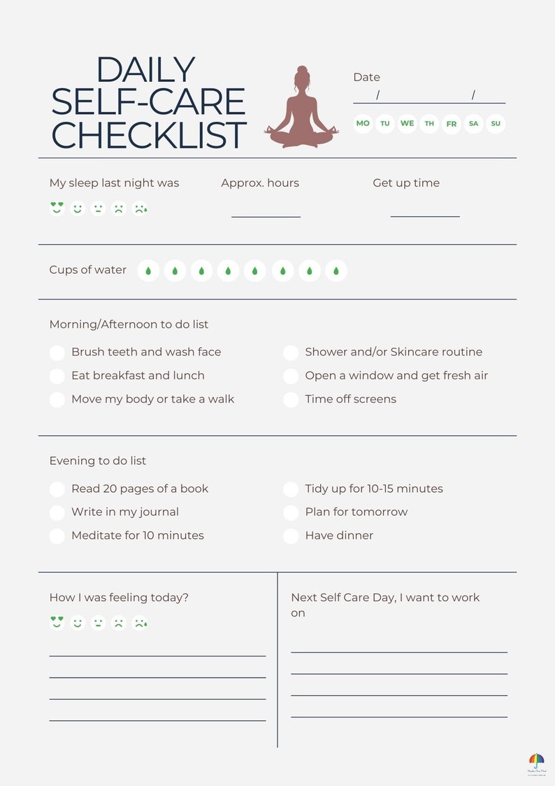 Daily Self Care Checklist PDF Digital Download, Mental Health ...