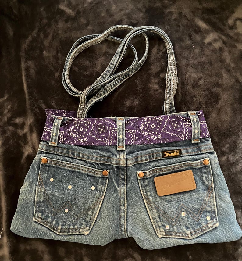 Recycled Blue Jean Denim Purse Purple Bandana Wrangler Style Purse ...