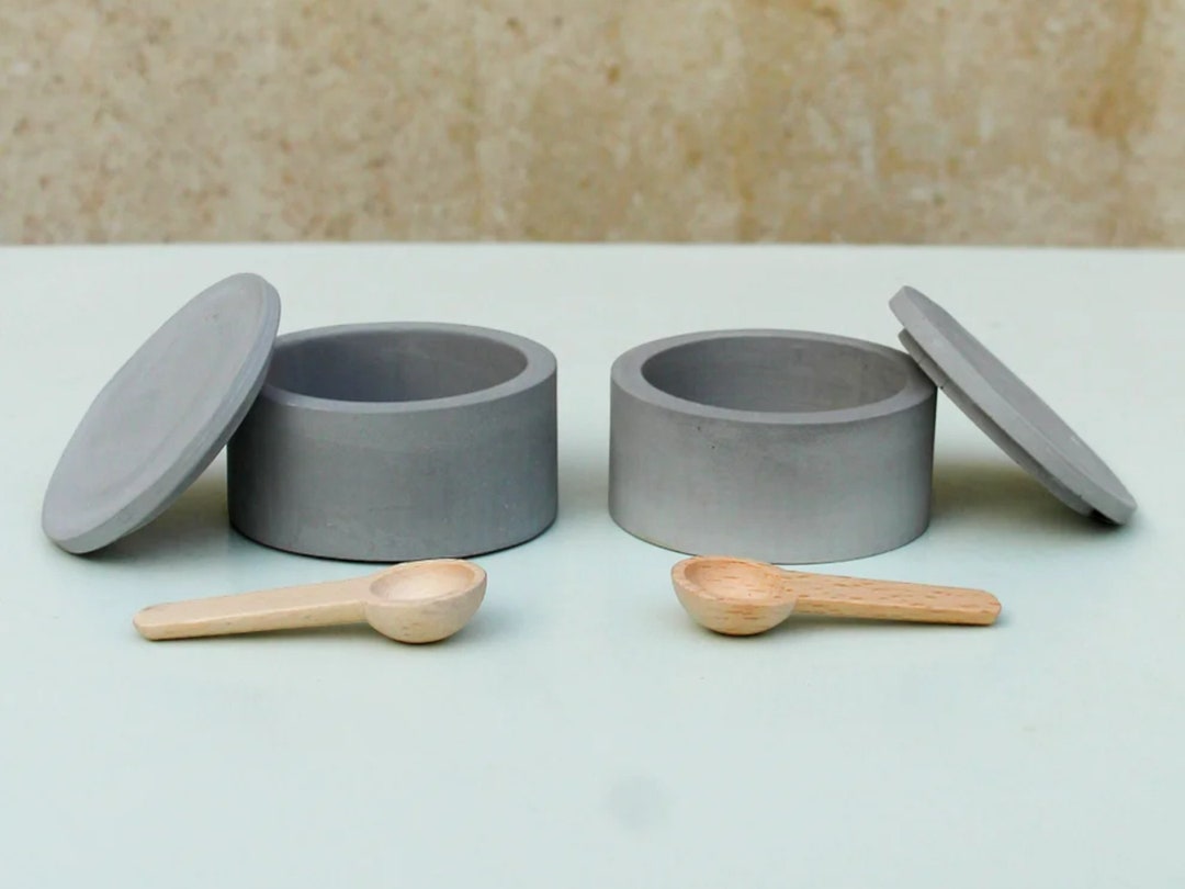 Concrete Spice Jar Set With Lids 2-piece Set With Wooden Spoons - Etsy
