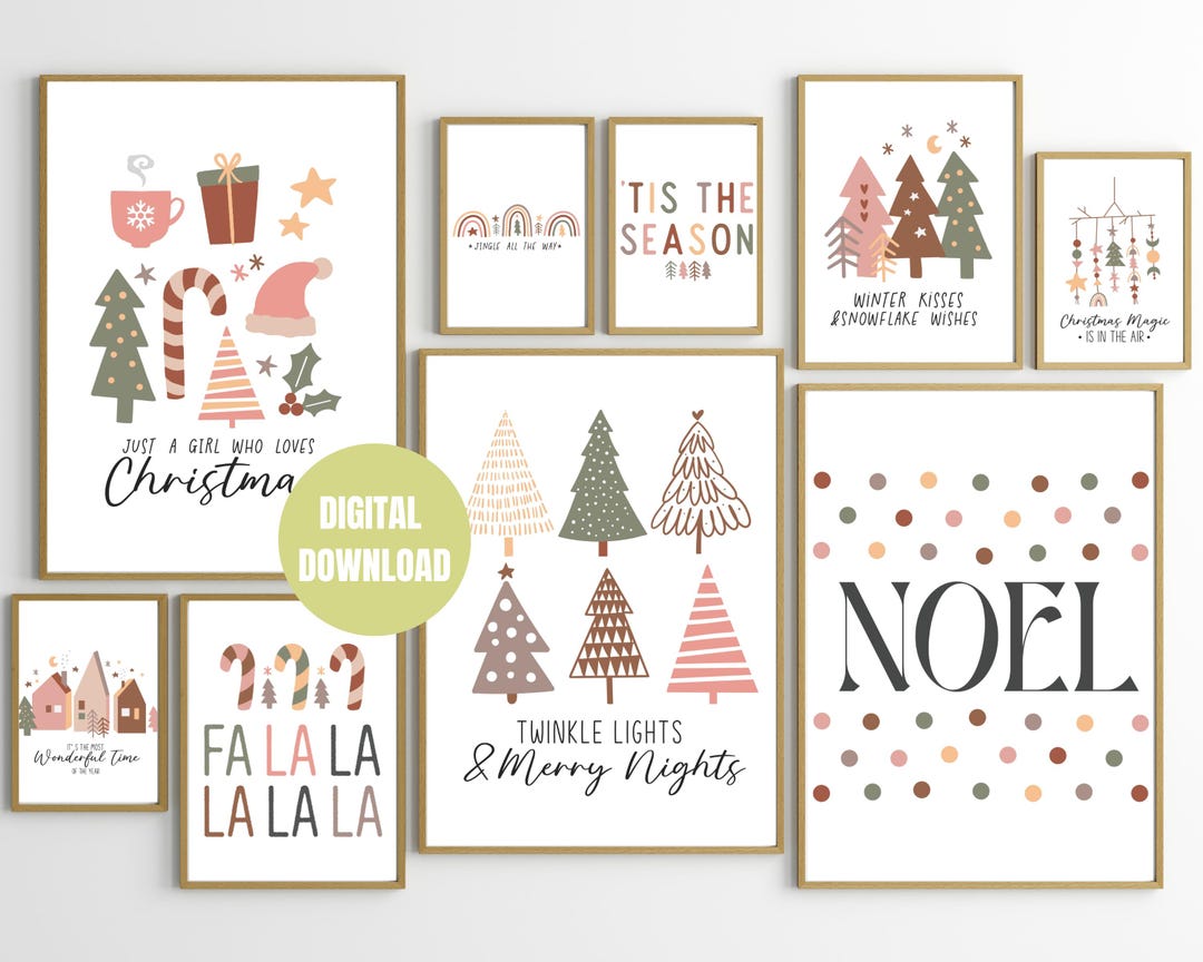Christmas Holiday Boho Printable Posters, 12 Prints, Retro Prints, Boho ...