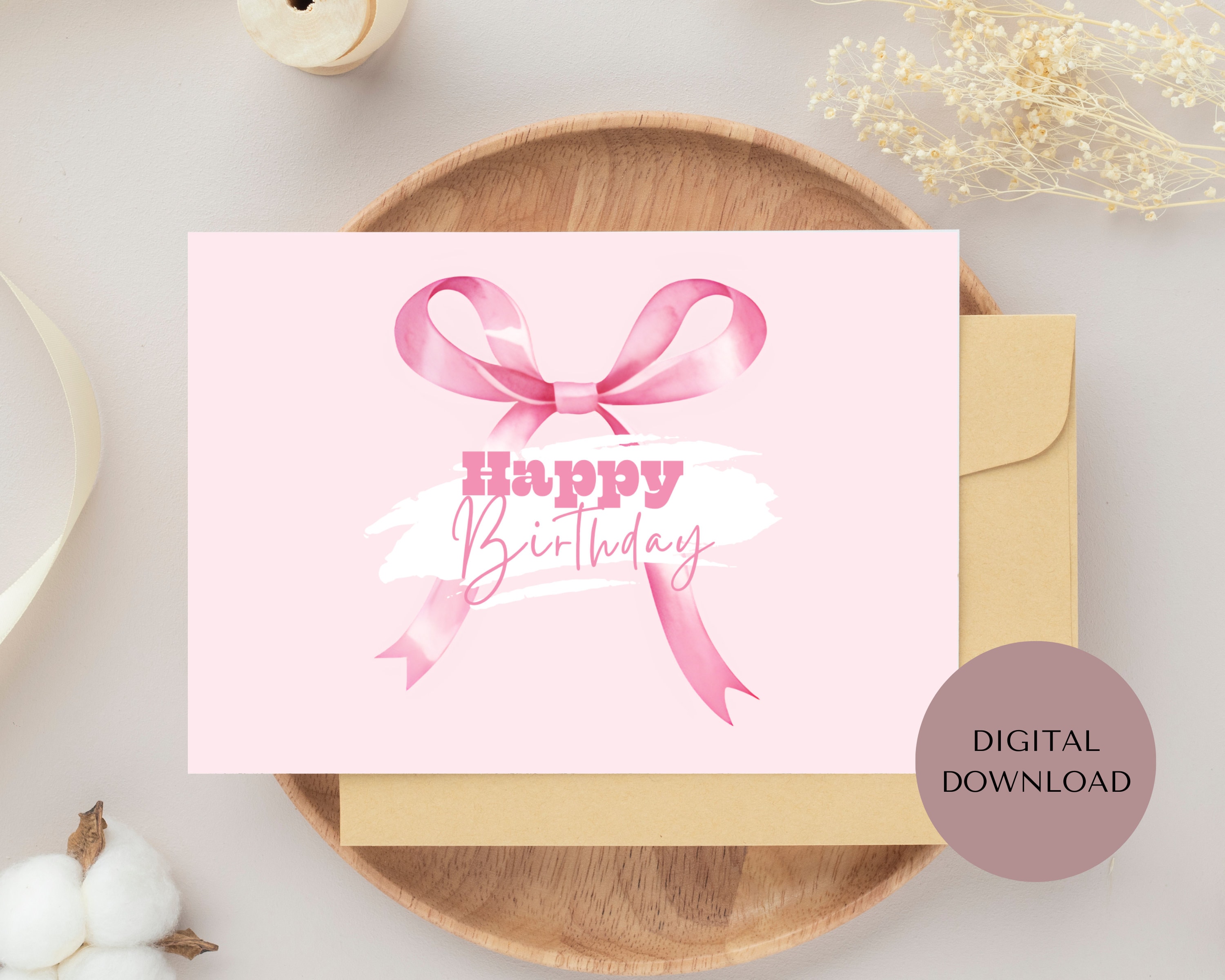 Happy Birthday Bow Printable Card, Digital Download PDF, Instant ...