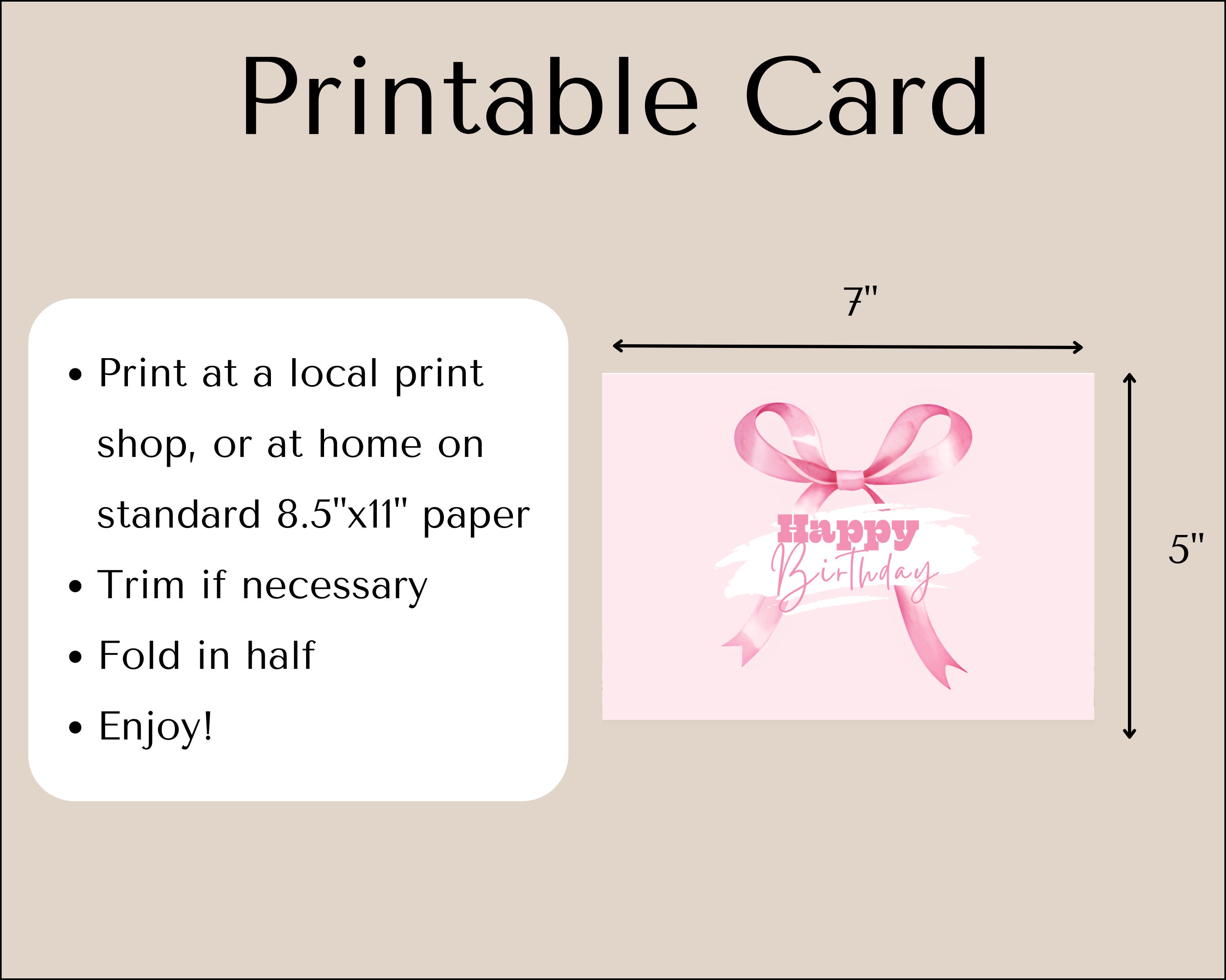 Happy Birthday Bow Printable Card, Digital Download PDF, Instant ...