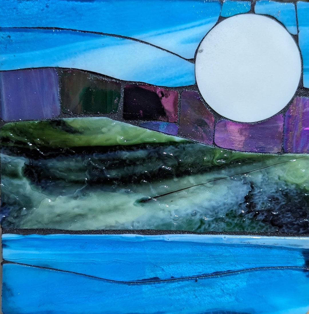Mostly Blue Mosaic Moon Series, 6 by 6 Inches, Moon Over Grassy Hill - Etsy