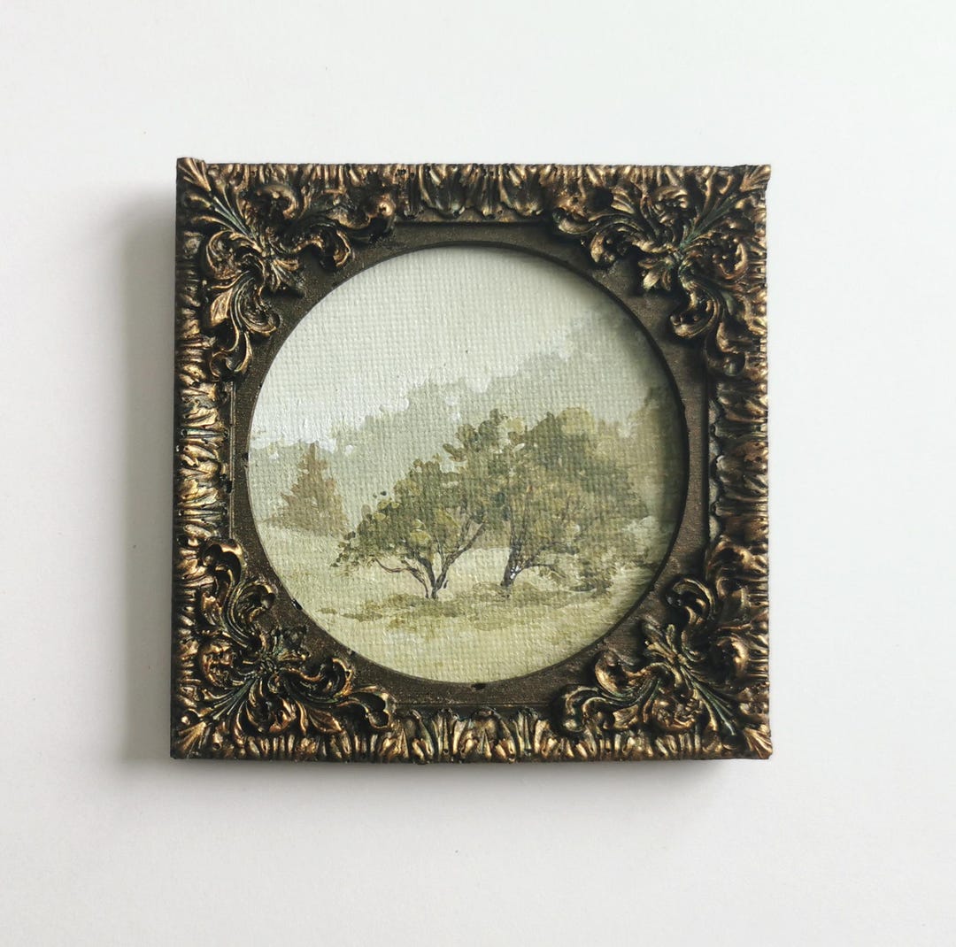 Tree Landscape Painting in Vintage Frame Handmade Wall Art With Serene ...