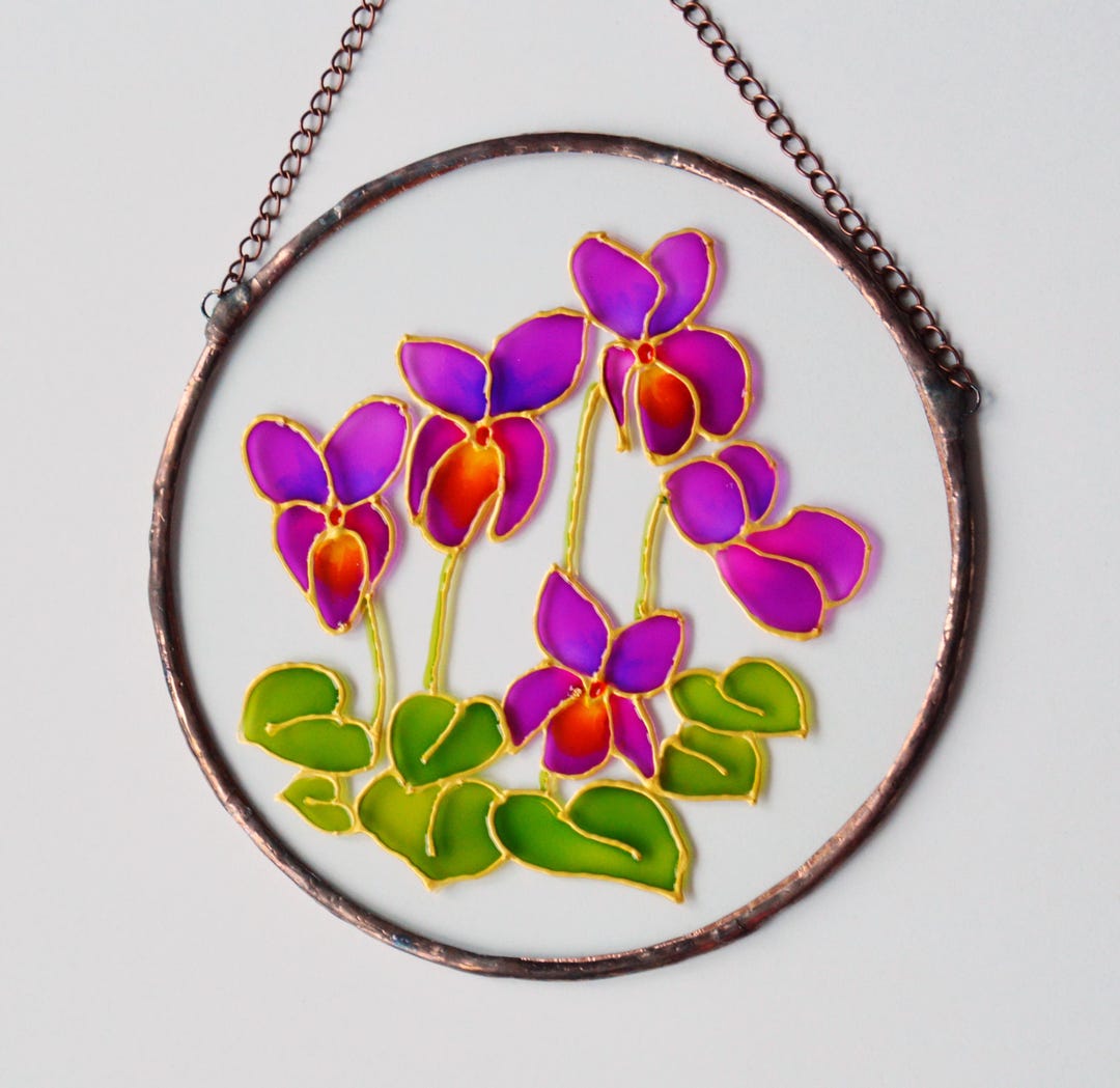 Hand-painted Cyclamen Stained Glass Suncatcher: Boho Floral Decor - Etsy