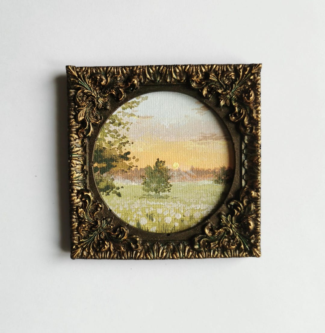 Mini Landscape Painting in Vintage Bronze Frame Wall Art Small Round ...