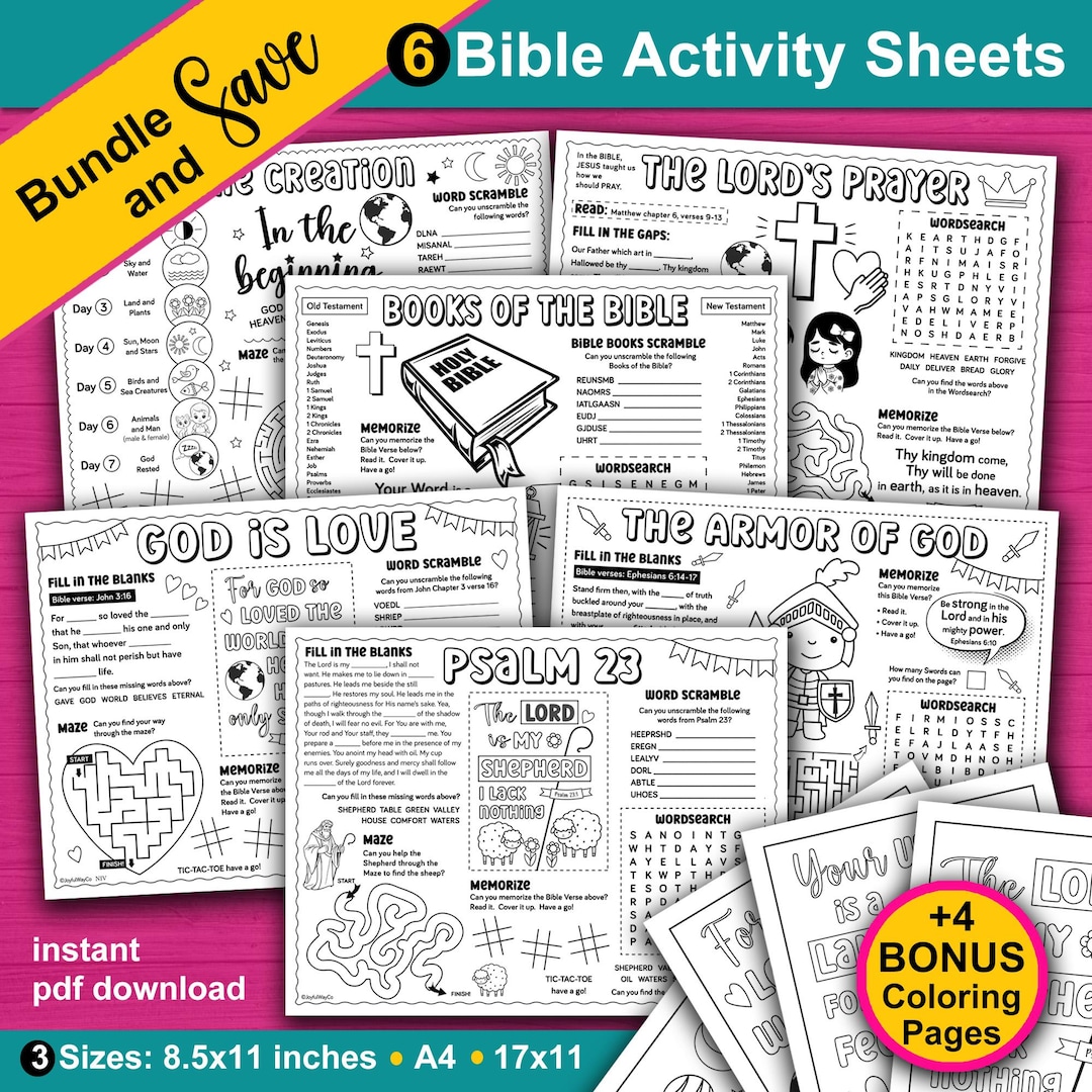 Bible Activity Sheets Bundle. 6 Christian Bible Activity Placemats for ...