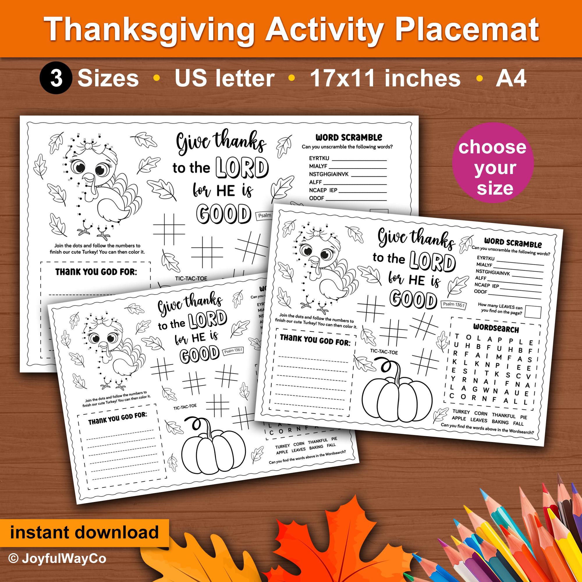 Thanksgiving Activity Placemat for Kids, Thanksgiving Printable Sunday ...