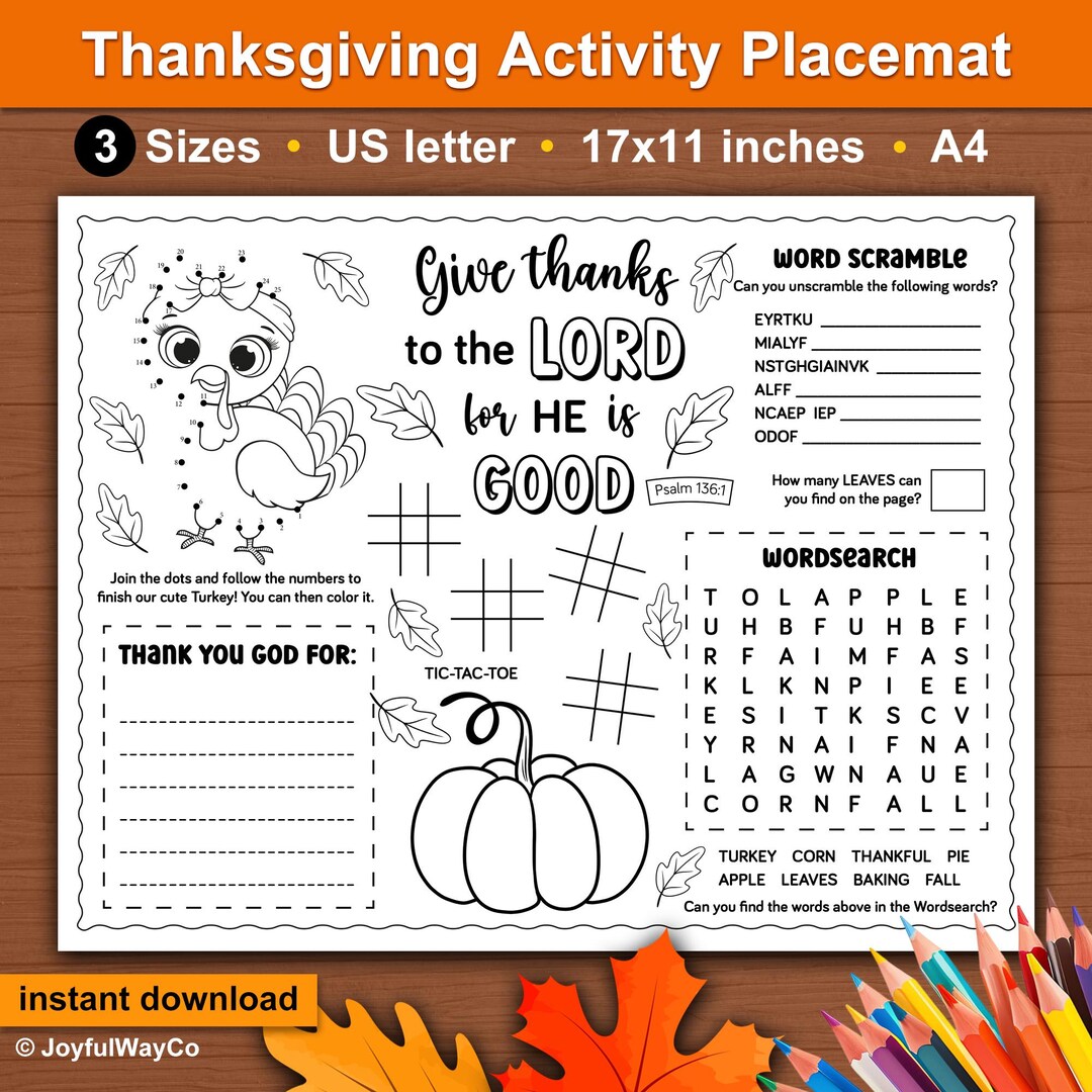 Thanksgiving Activity Placemat for Kids, Thanksgiving Printable Sunday ...