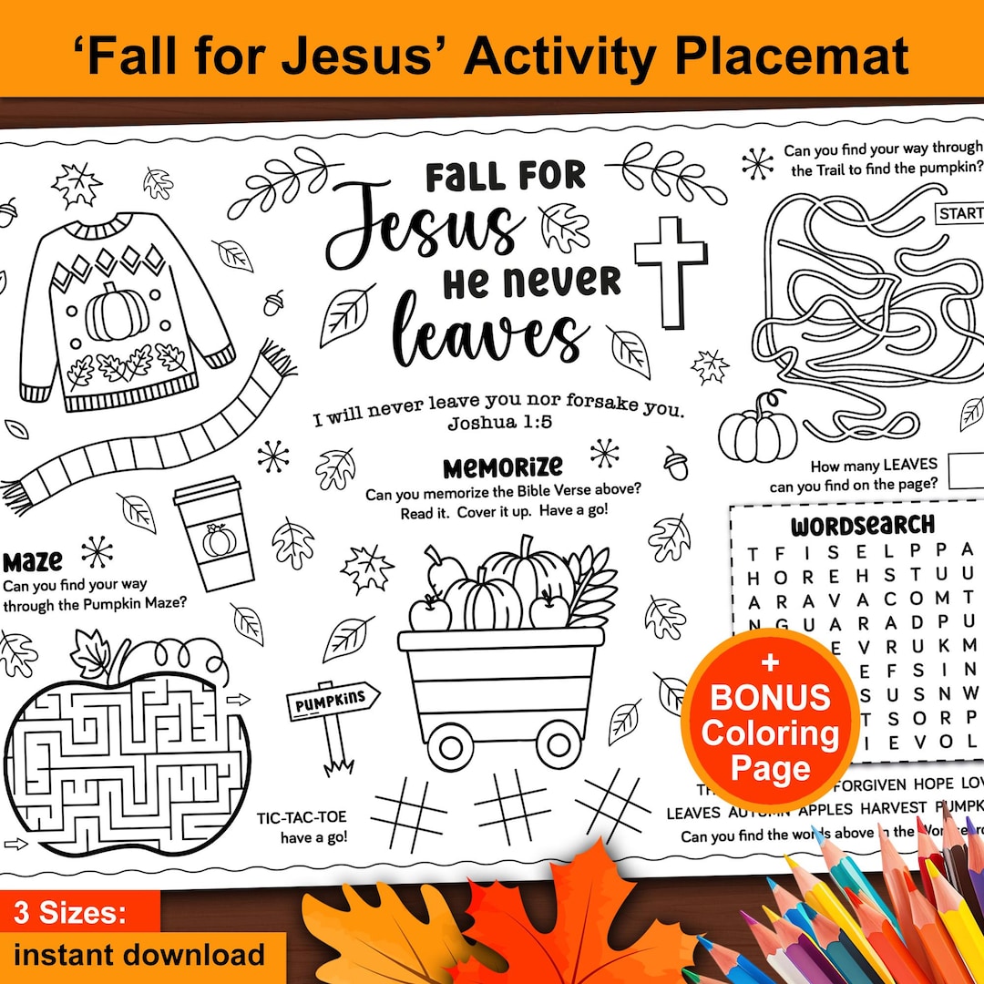 Fall for Jesus He Never Leaves. Fall Bible Activity Page for Kids ...