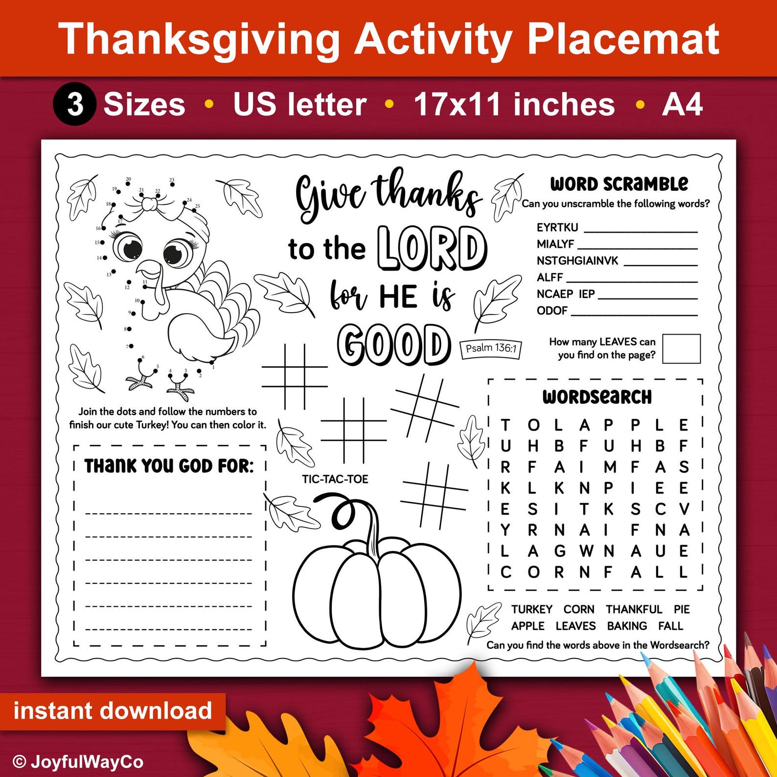 Thanksgiving Bible Activity Placemat for Kids, Thanksgiving Fall ...