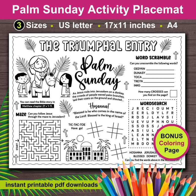 Palm Sunday Activity Placemat for Kids. Easter Christian Printable for ...