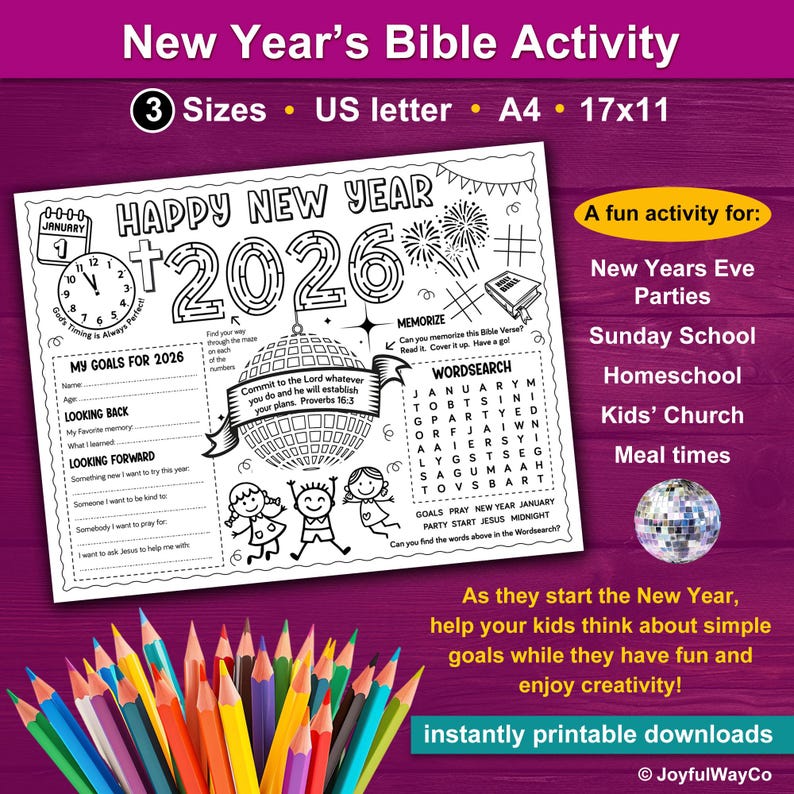 New Year Activity Placemat for Kids. 2026 Printable Christian New Year ...