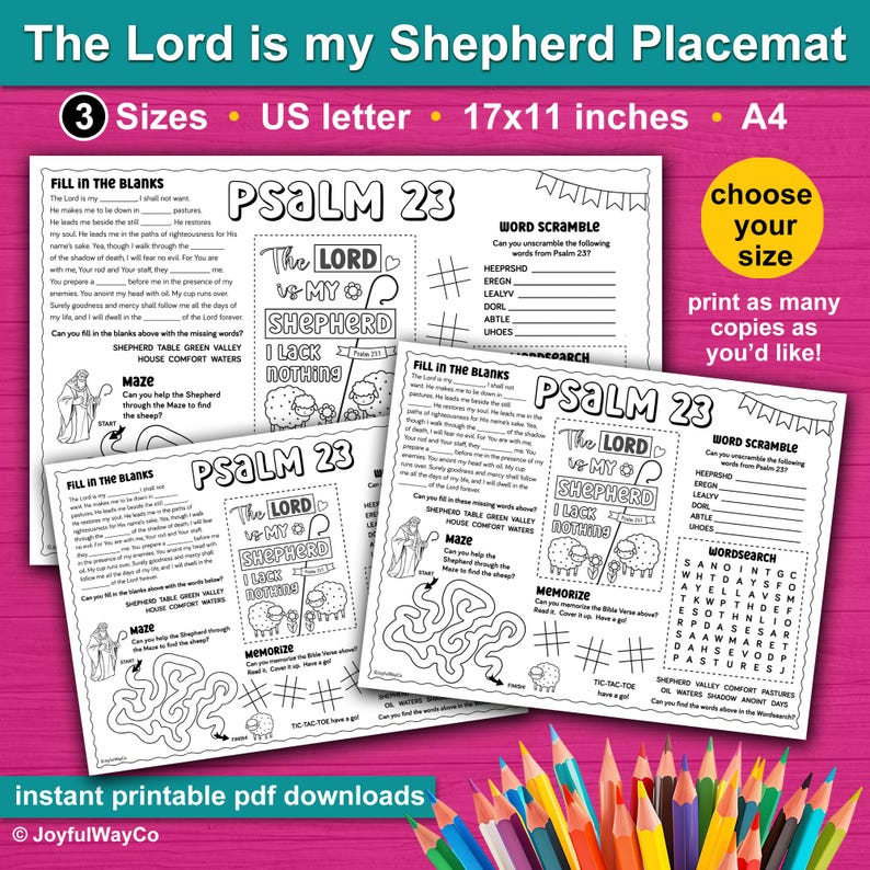 Psalm 23 Activity Placemat for Kids. the Lord is My Shepherd Activity ...