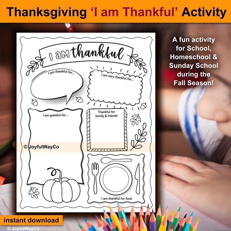 I Am Thankful Activity Sheet for Kids Youth. Thanksgiving Activity ...