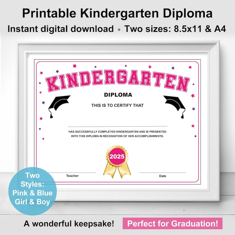 Printable Kindergarten Graduation Diploma Certificate for Girls and ...