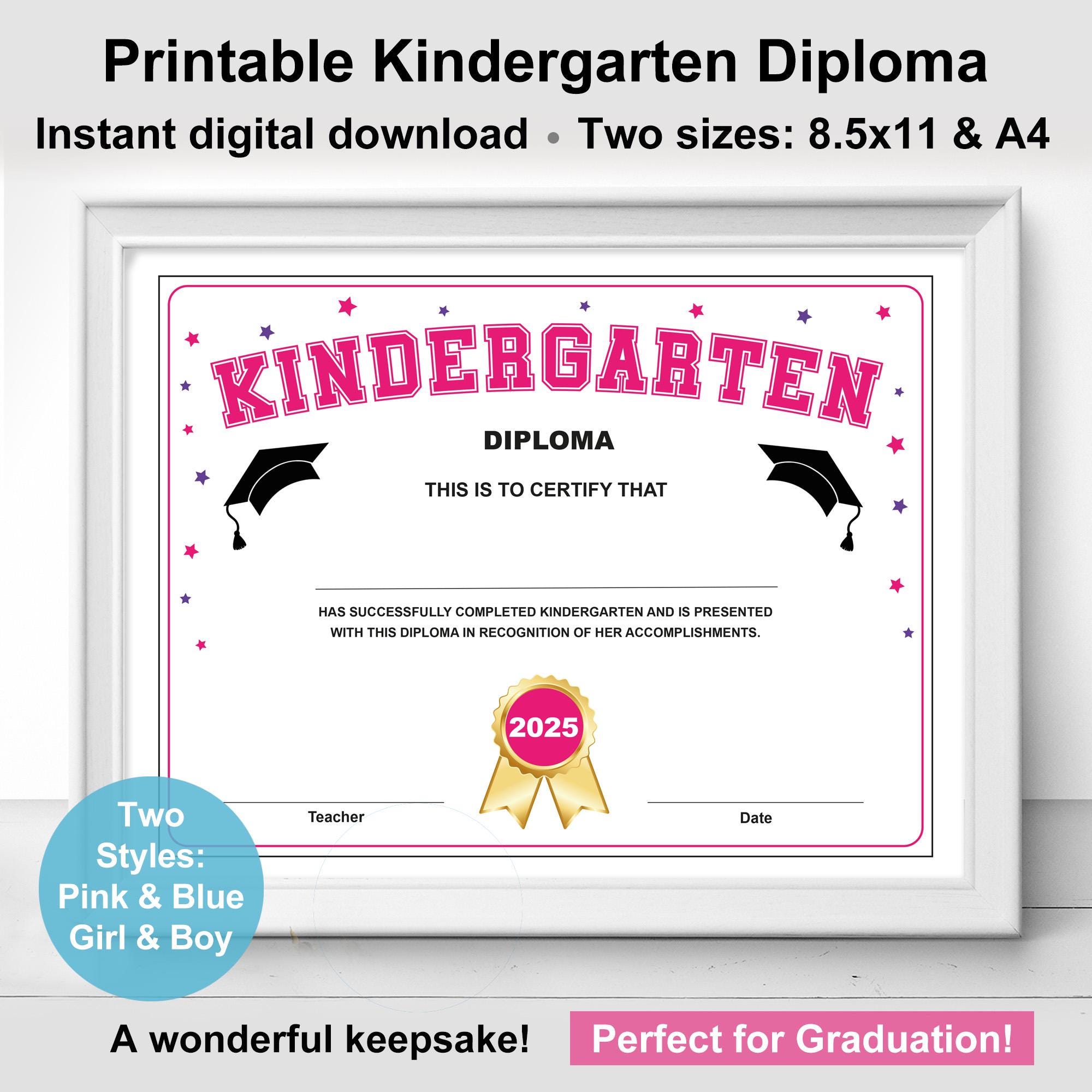 Printable Kindergarten Graduation Diploma Certificate for Girls and ...