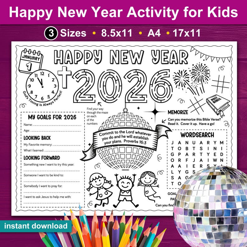 New Year Activity Placemat for Kids. 2026 Printable Christian New Year ...