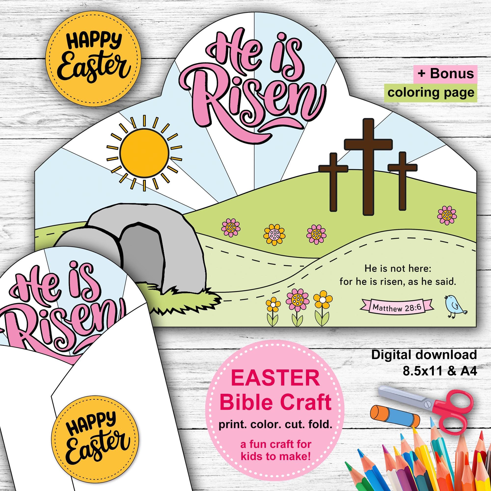 Easter Bible Craft for Kids. Easter Sunday School Activity, He is Risen ...