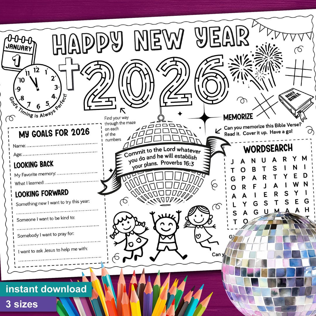 New Year Activity Placemat for Kids. 2026 Printable Christian New Year ...