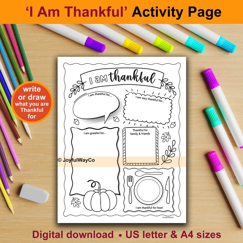I Am Thankful Activity Sheet for Kids Youth. Thanksgiving Activity ...