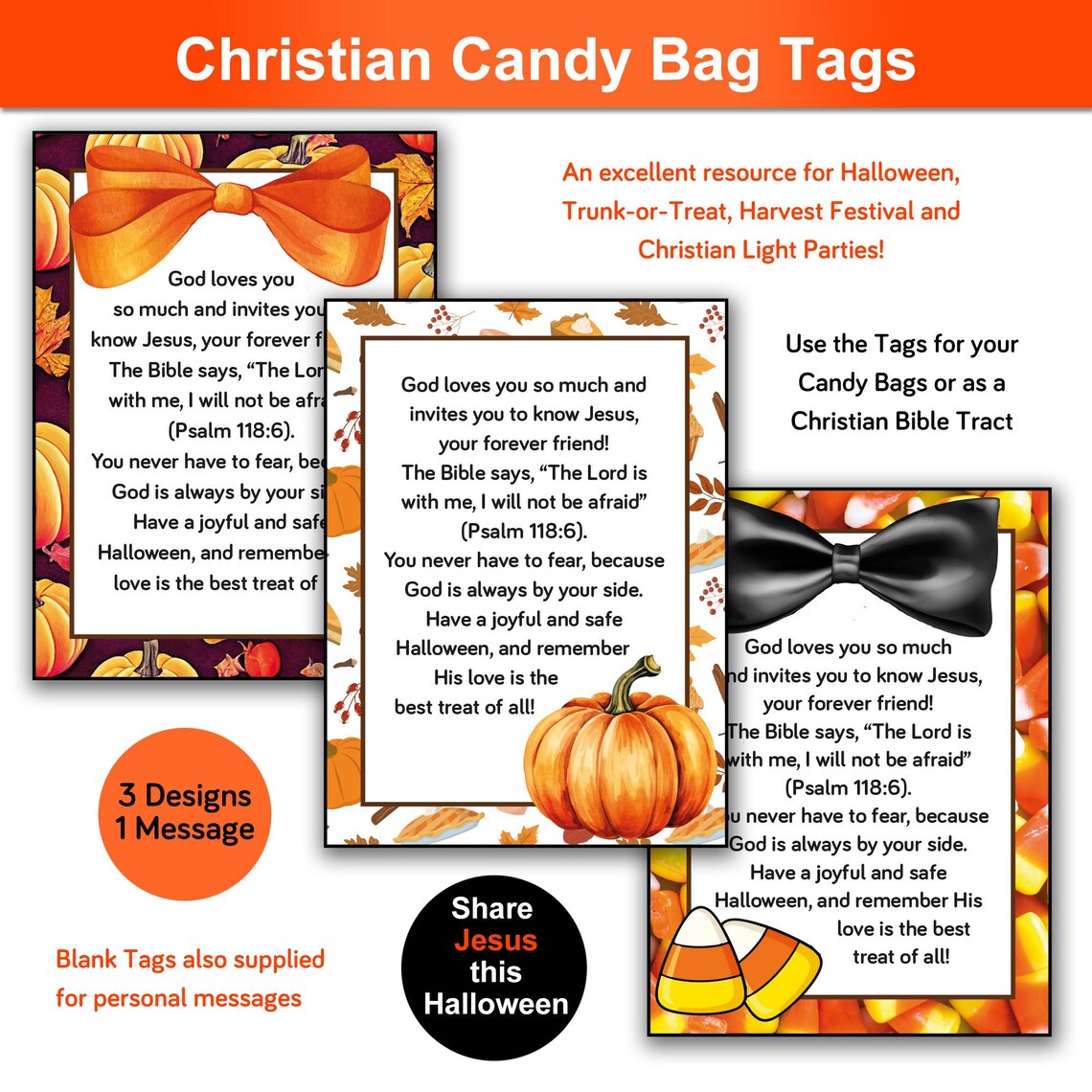 Christian Halloween Candy Treat Bag Tags, Trunk-or-treat Bible Candy ...