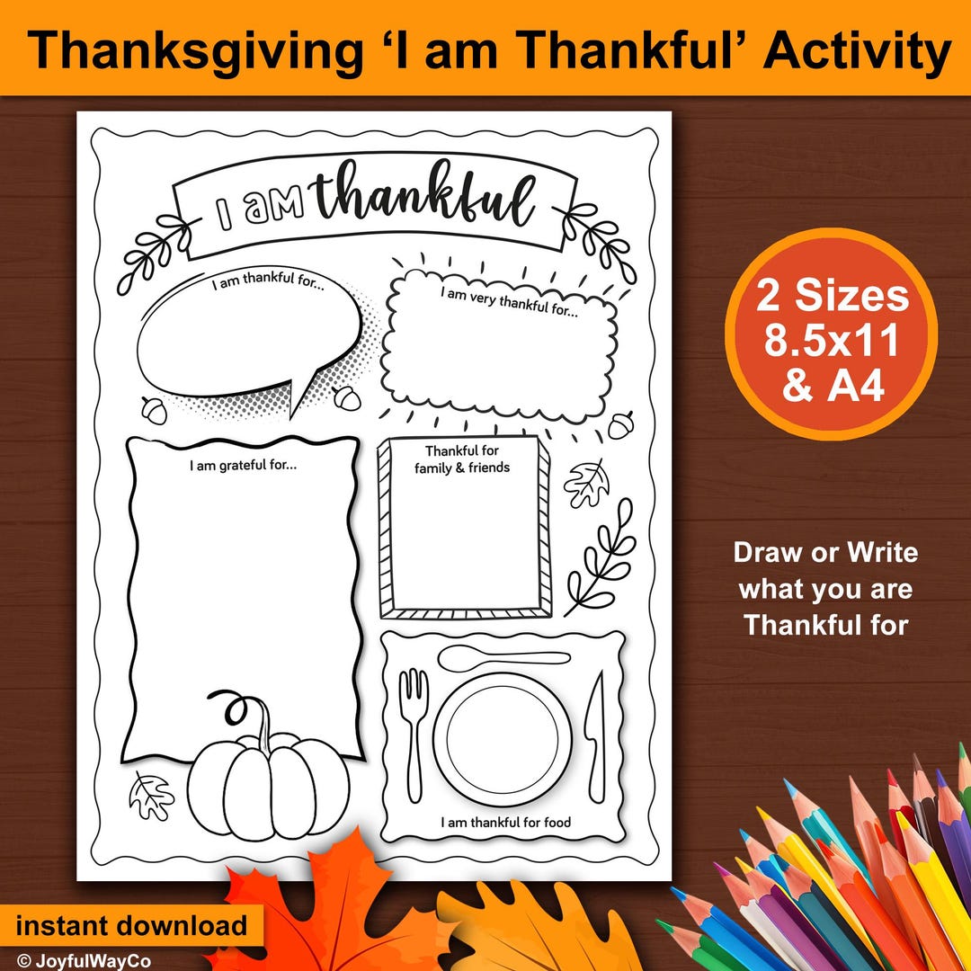 I Am Thankful Activity Sheet for Kids Youth. Thanksgiving Activity ...