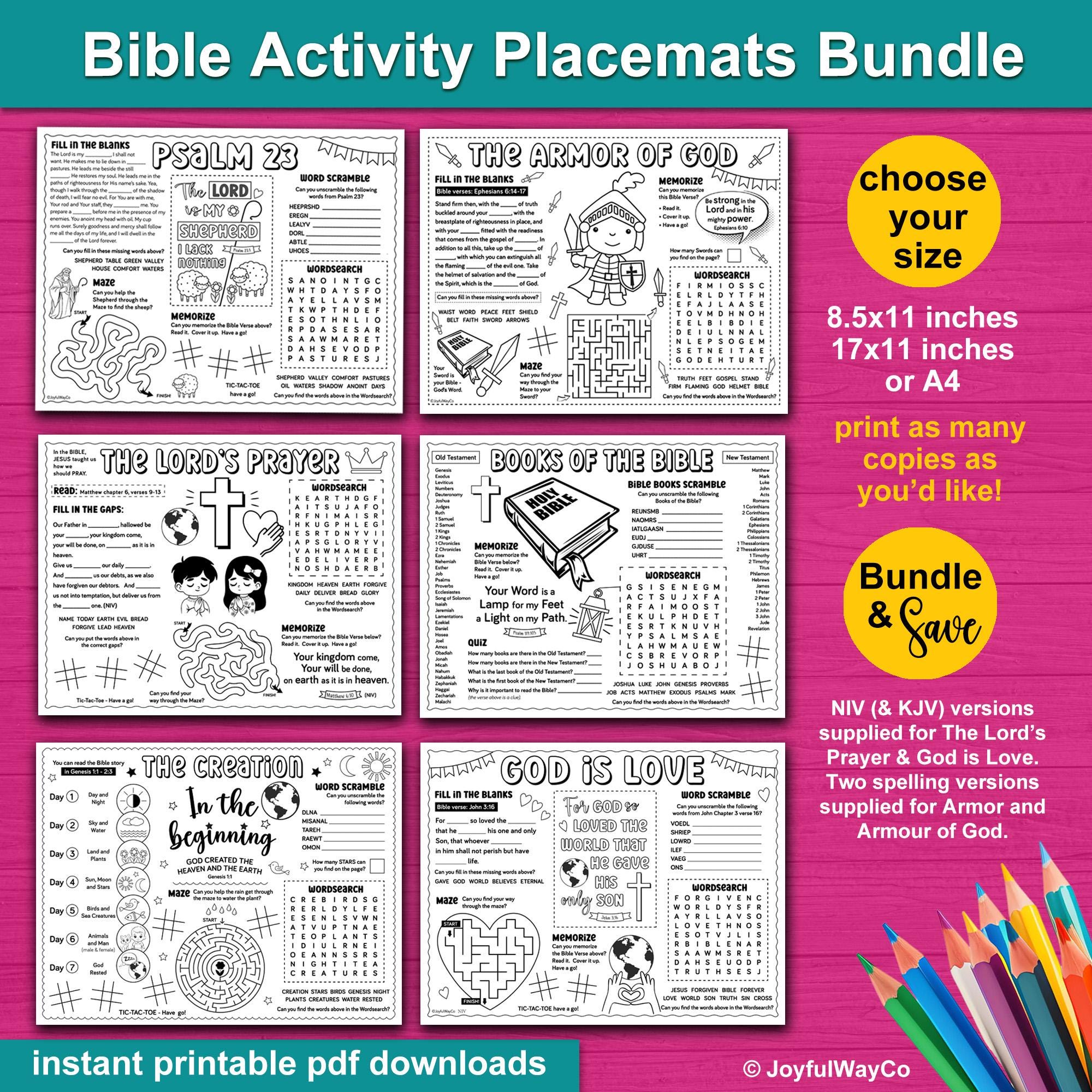 Bible Activity Sheets Bundle. 6 Christian Bible Activity Placemats for ...
