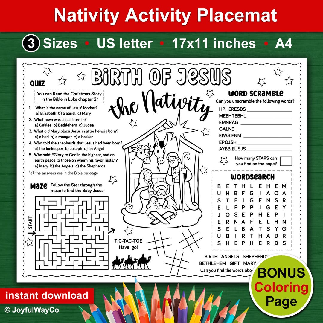 Nativity Christmas Activity Placemat for Kids, Nativity Printable ...