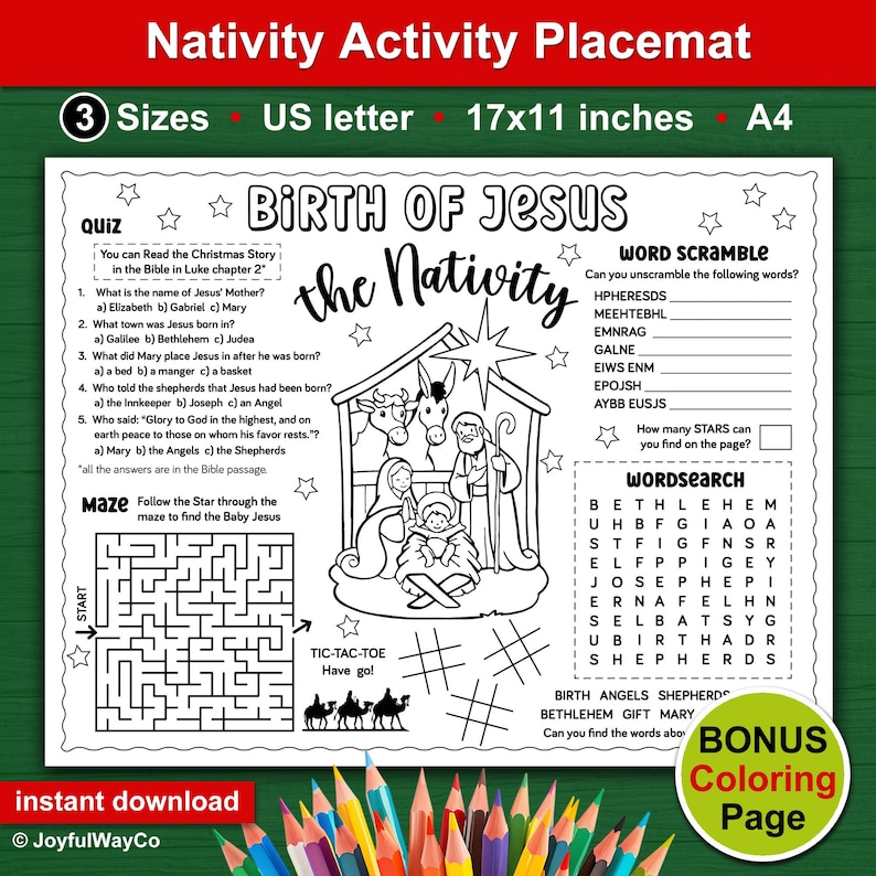 Nativity Activity Placemat for Kids. Birth of Jesus Christmas Coloring ...