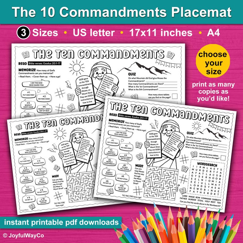 The Ten Commandments Bible Activity Placemat for Kids. Sunday School ...