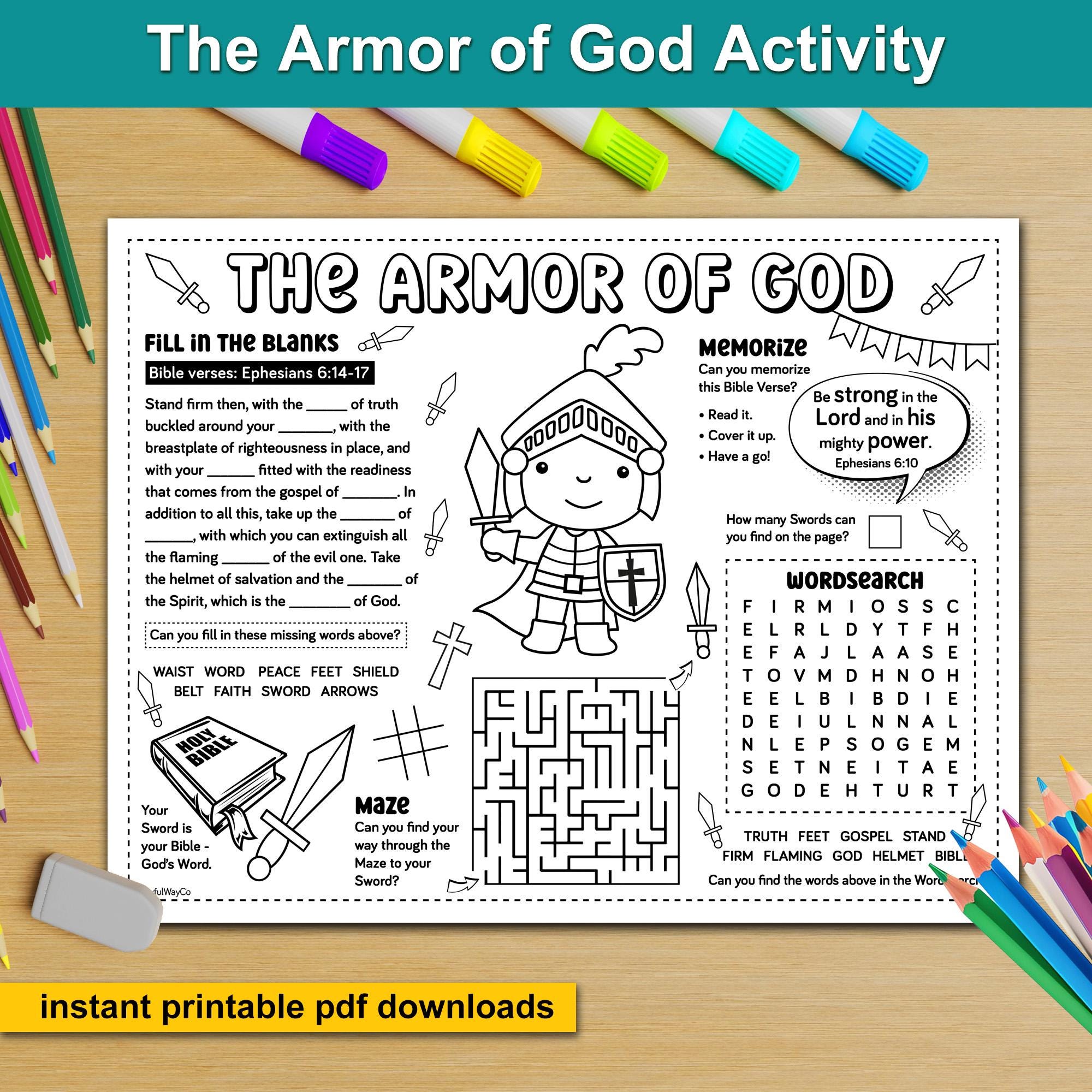 The Armor of God Bible Verse Activity Printable for Kids. Sunday School ...