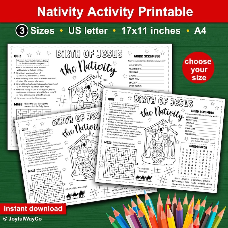 Nativity Activity Placemat for Kids. Birth of Jesus Christmas Coloring ...