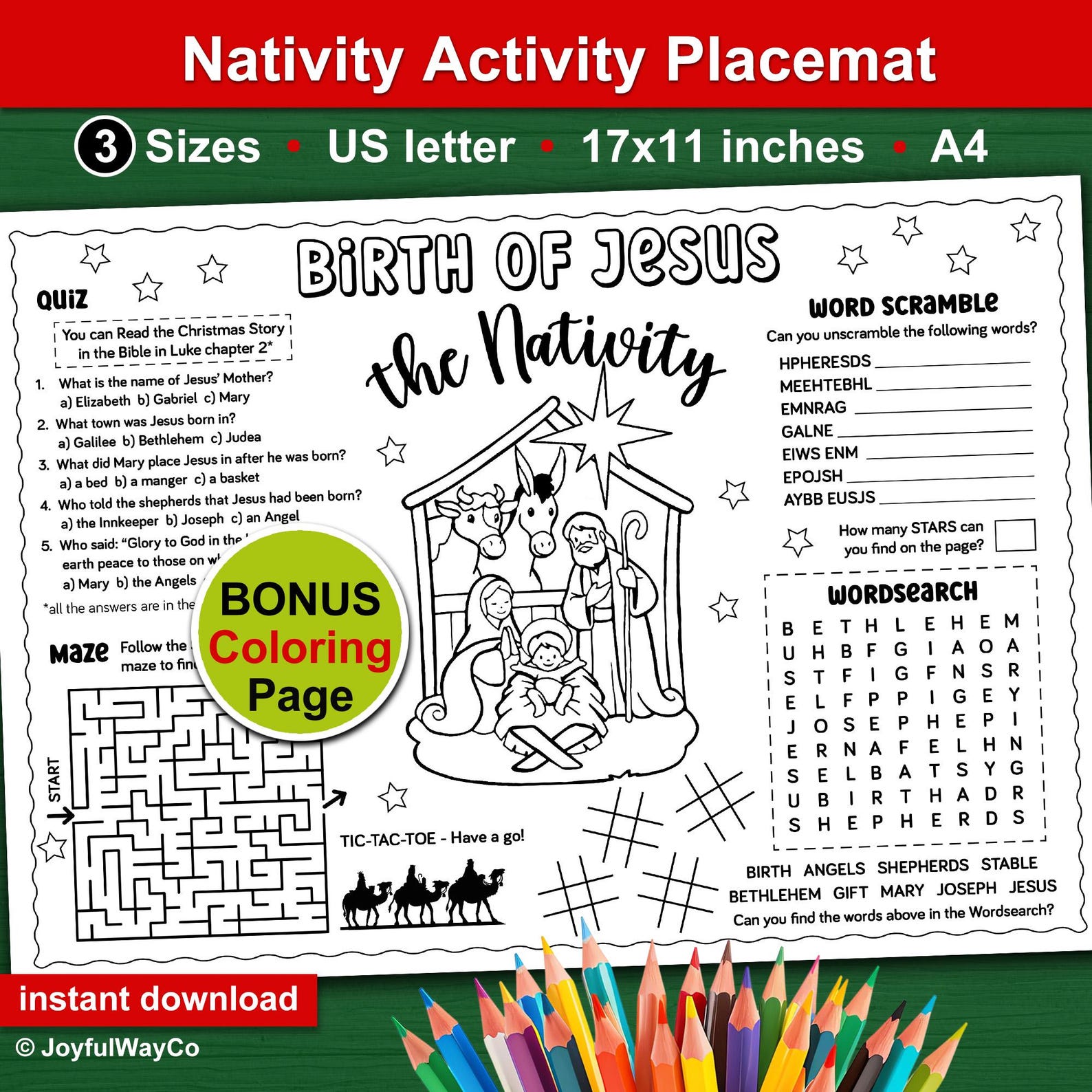 Nativity Activity Placemat for Kids. Birth of Jesus Christmas Coloring ...