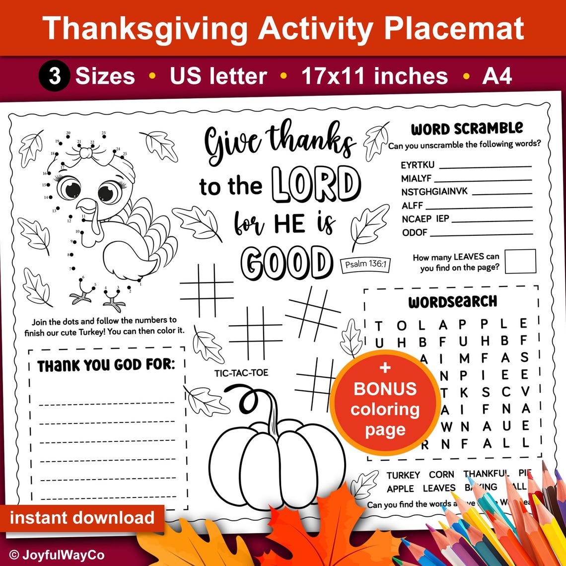 Thanksgiving Bible Activity Placemat for Kids, Thanksgiving Fall ...